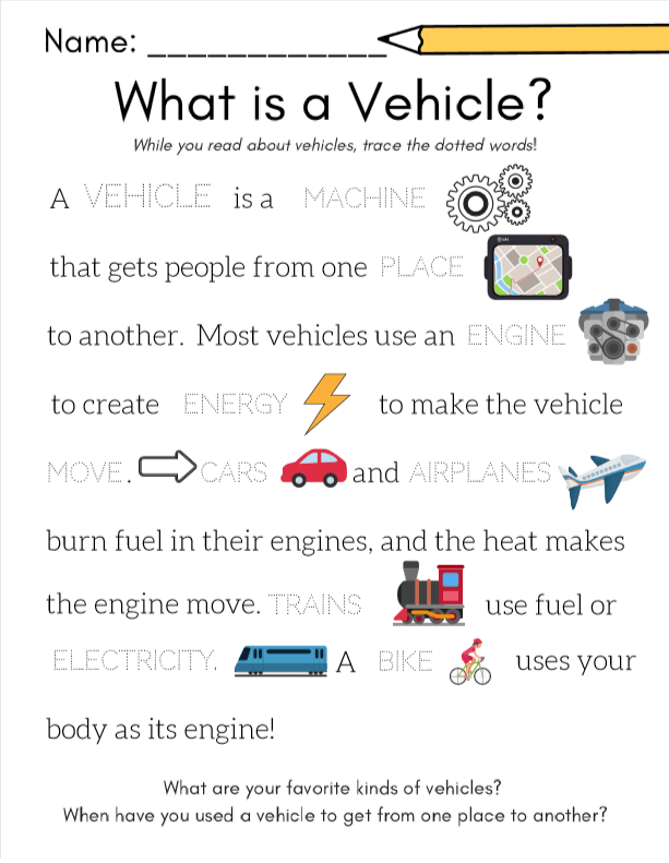 Vehicles Worksheet Pack – Cookies & Racecars