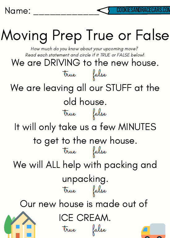 Moving Worksheet Pack – Cookies & Racecars